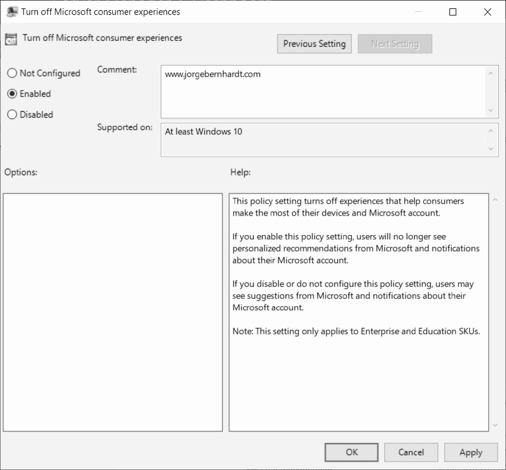 Windows 10: Turn Off Microsoft Consumer Experiences · Jorge Bernhardt